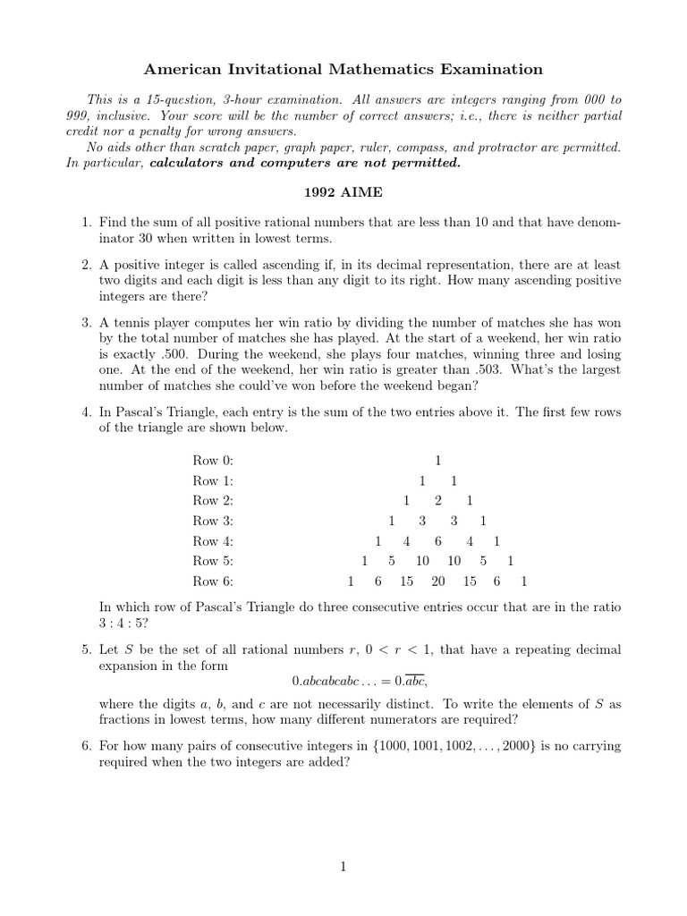 American Invitational Mathematics Examination | PDF | Numbers | Ratio