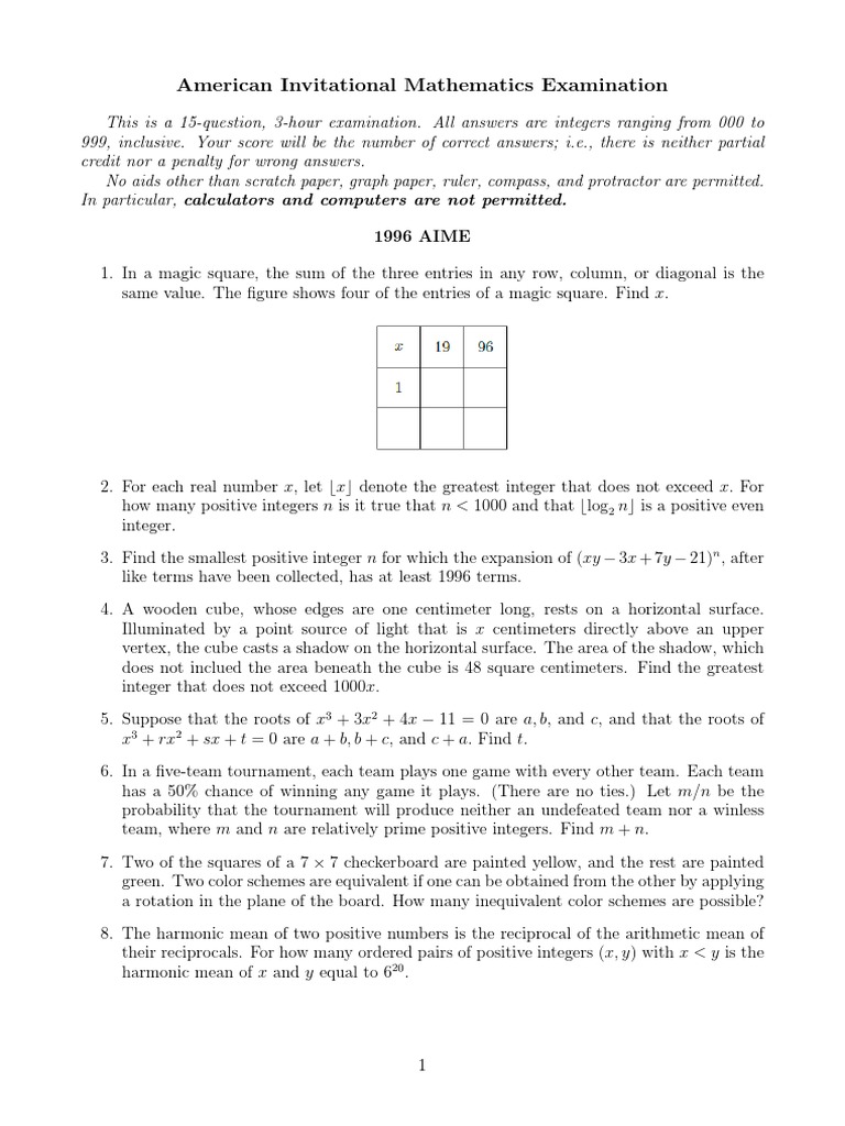 Aime 1996 | PDF | Trigonometric Functions | Arithmetic Mean