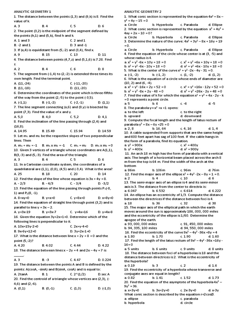 Analytic Geometry Quiz | PDF | Ellipse | Elementary Geometry