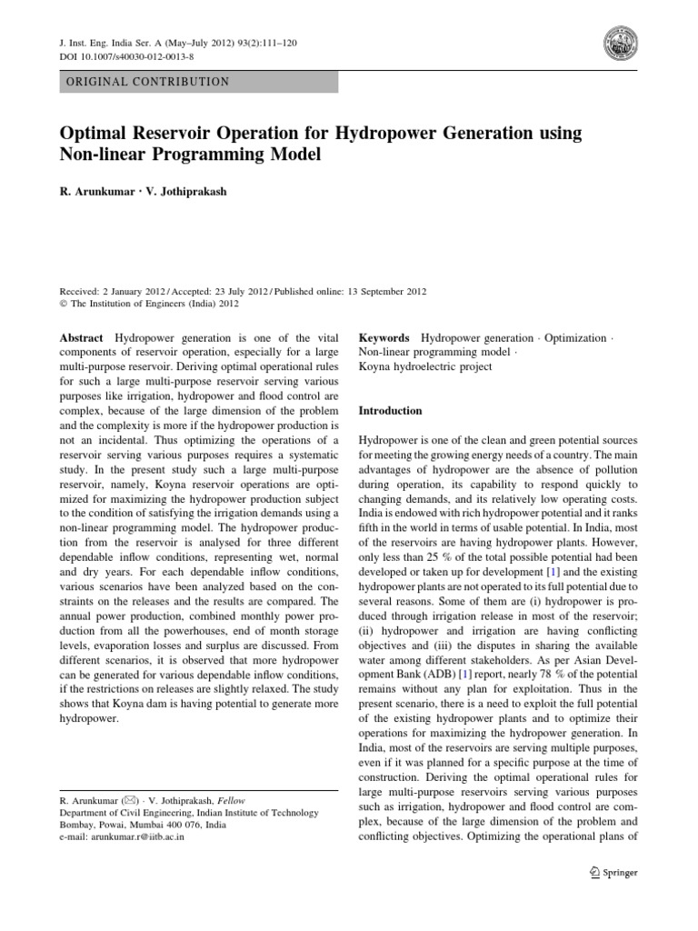 Optimal Reservoir Management for Hydropower | PDF | Hydroelectricity ...