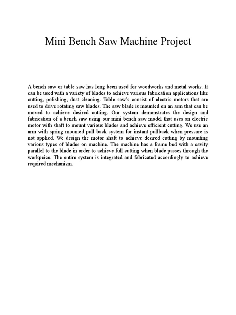 Mini Bench Saw Machine Project | PDF