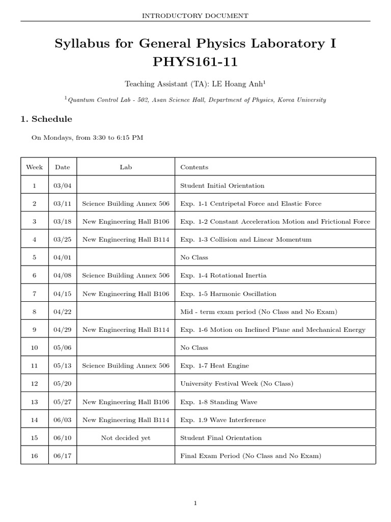 Syllabus For General Physics Laboratory I PHYS161-11: 1. Schedule | PDF ...