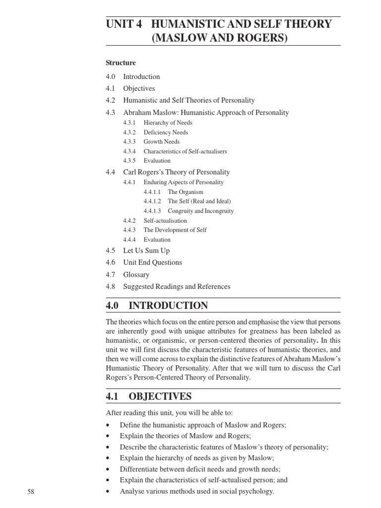 Unit 4 Humanistic and Self Theory (Maslow and Rogers) : Structure | PDF ...