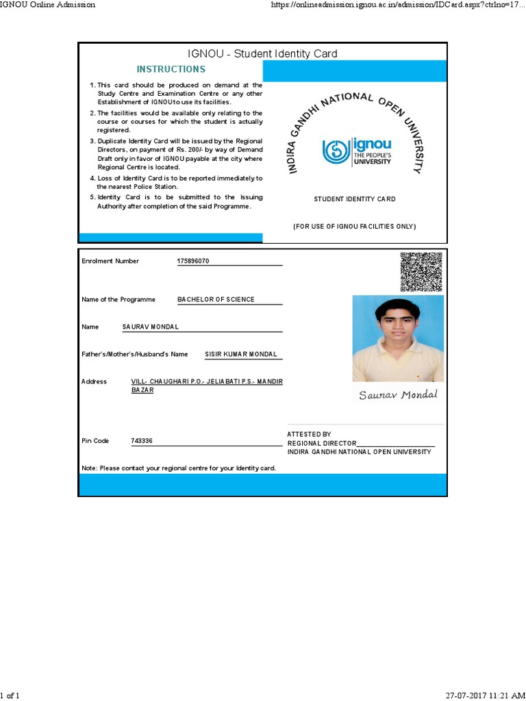 IGNOU - Student Identity Card: Instructions | PDF