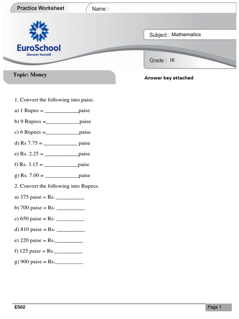 Answer Key Attached Topic: Money: Mathematics | PDF | Teaching Mathematics