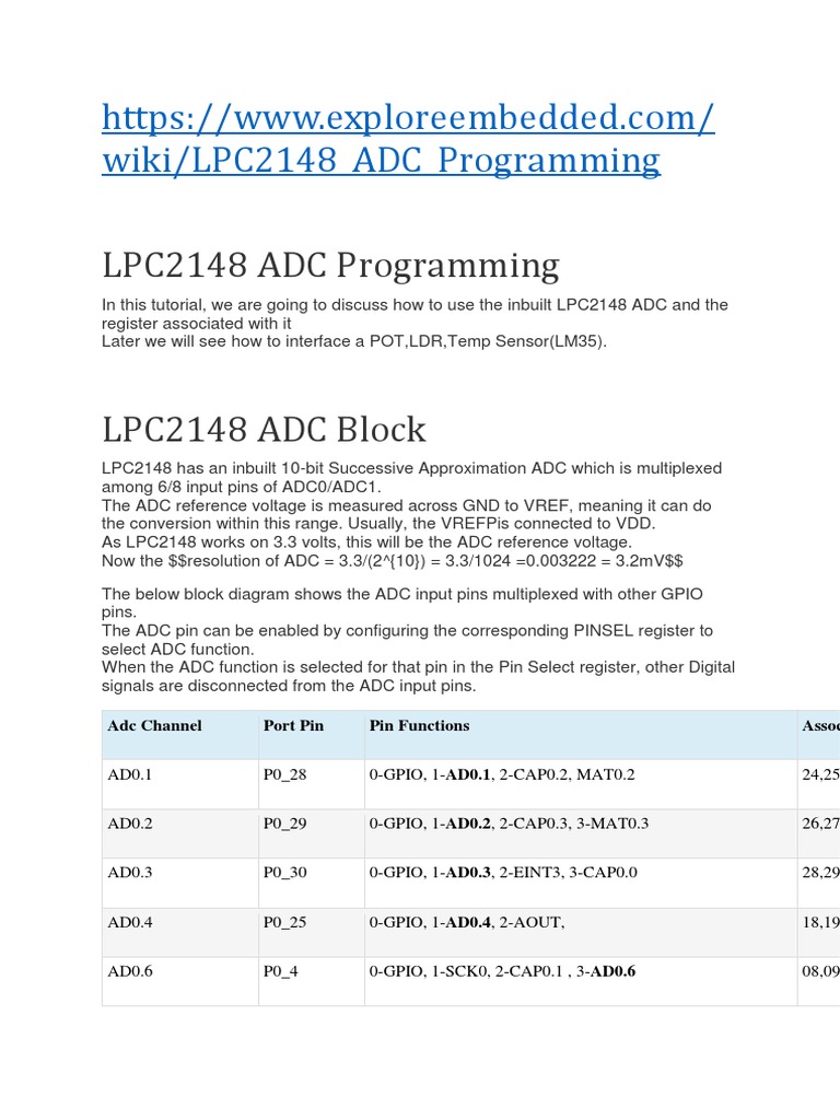 LPC2148 ADC Programming | PDF | Analog To Digital Converter | Electronics