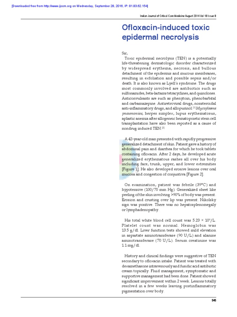 Ofl Oxacin-Induced Toxic Epidermal Necrolysis: Vikas Saini, Dinesh ...