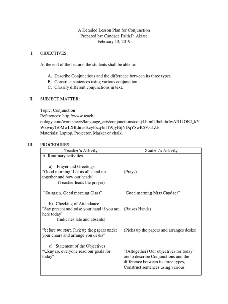 Detailed Lesson Plan on Conjunctions | PDF | Onomastics | Syntax