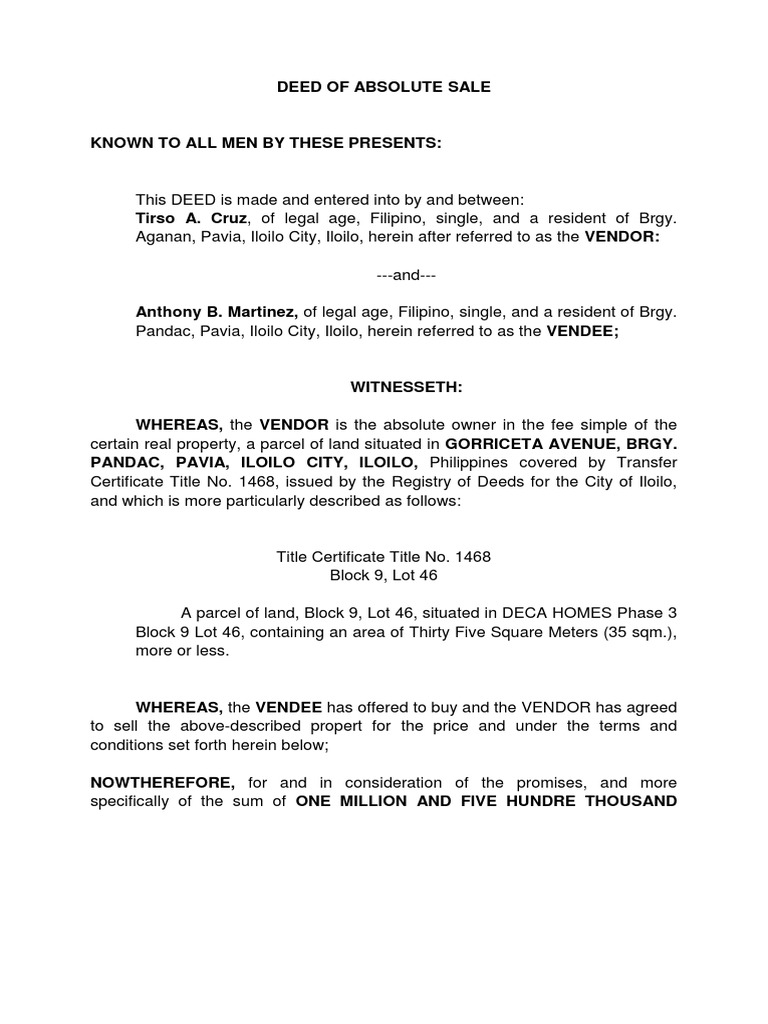 Deed of Absolute Sale | PDF | Fee Simple | Deed