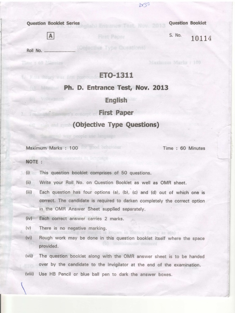 Question Paper of PH - D - Entrance Test Paper '1' Session 2013-14 ...