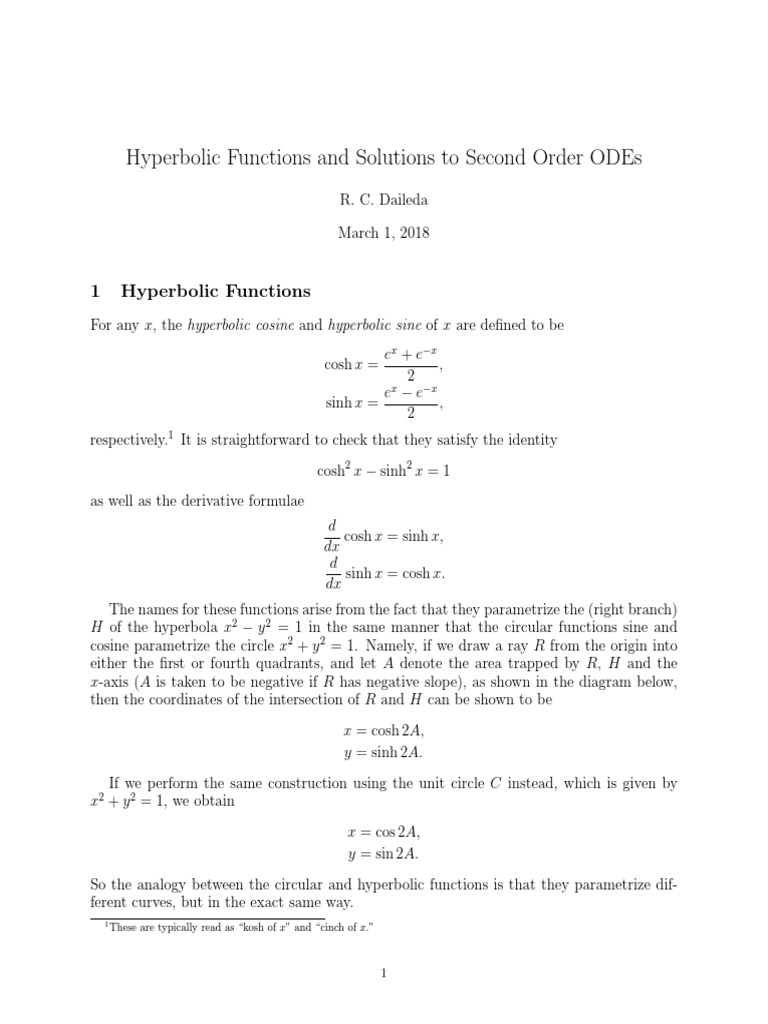Hyperbolic Functions and Solutions To Second Order Odes | PDF | Trigonometric Functions ...