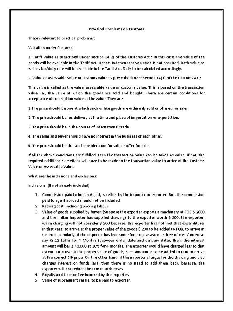 Practical Problems On Customs | PDF | Value (Economics) | Customs