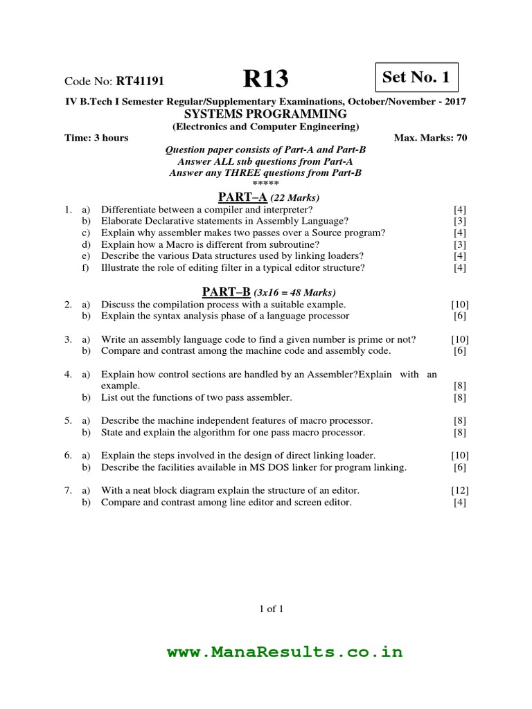 Systems Programming Question Paper-1 | PDF