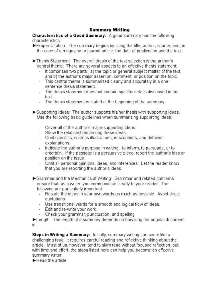 Characteristics of A Good Summary: A Good Summary Has The Following ...