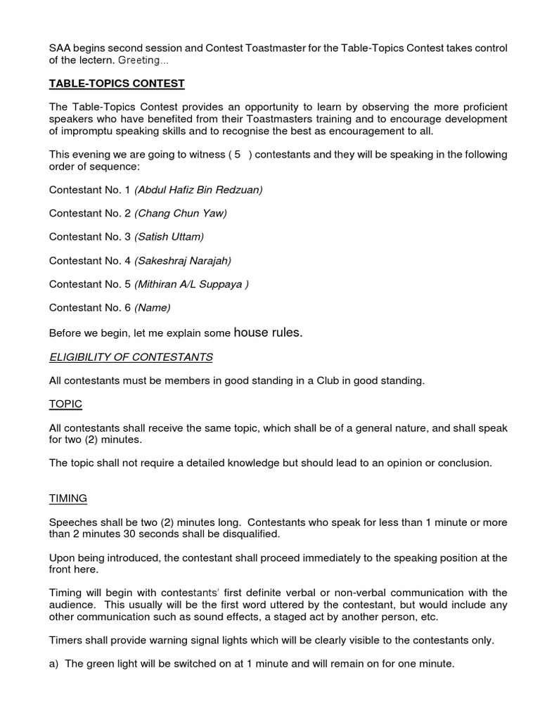 Table Topics Contest Toastmaster Script | PDF | Communication | Semiotics