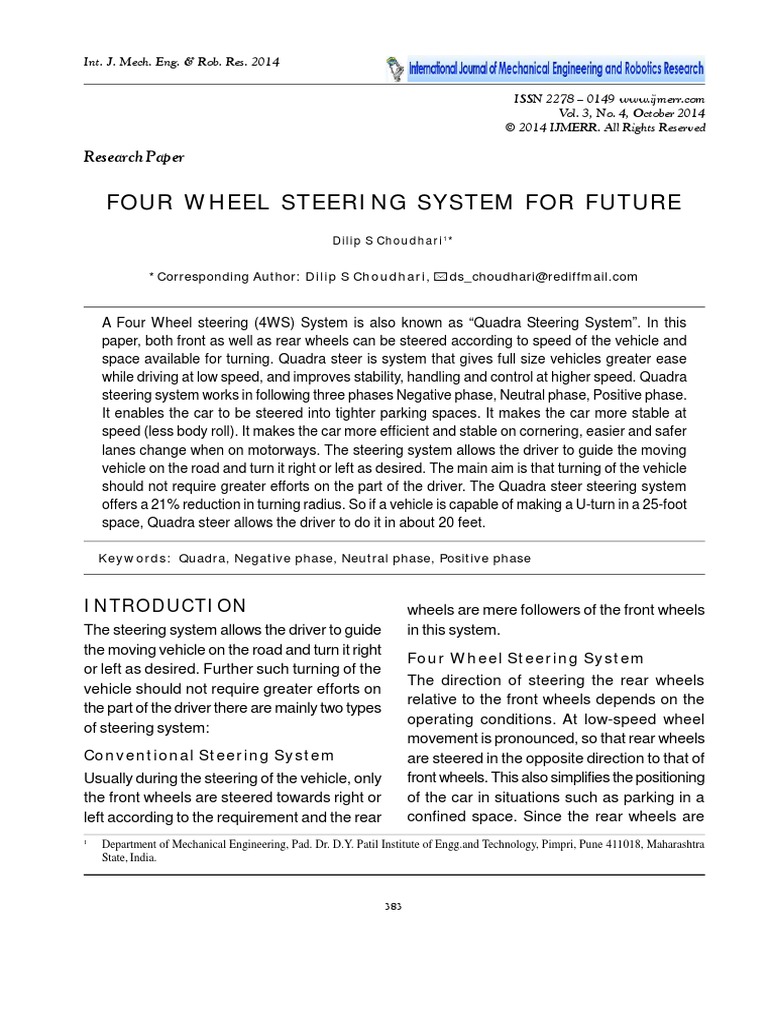 Four Wheel Steering System For Future: Research Paper | PDF | Steering ...