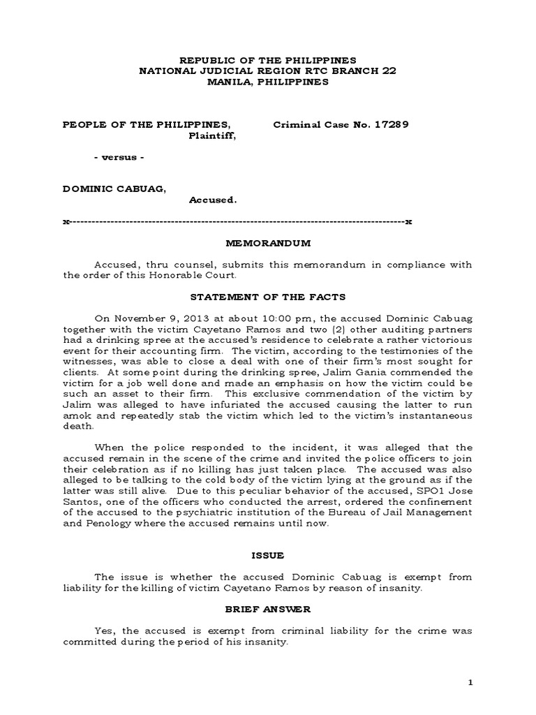 Legal Memorandum Murder | PDF | Insanity Defense | Insanity