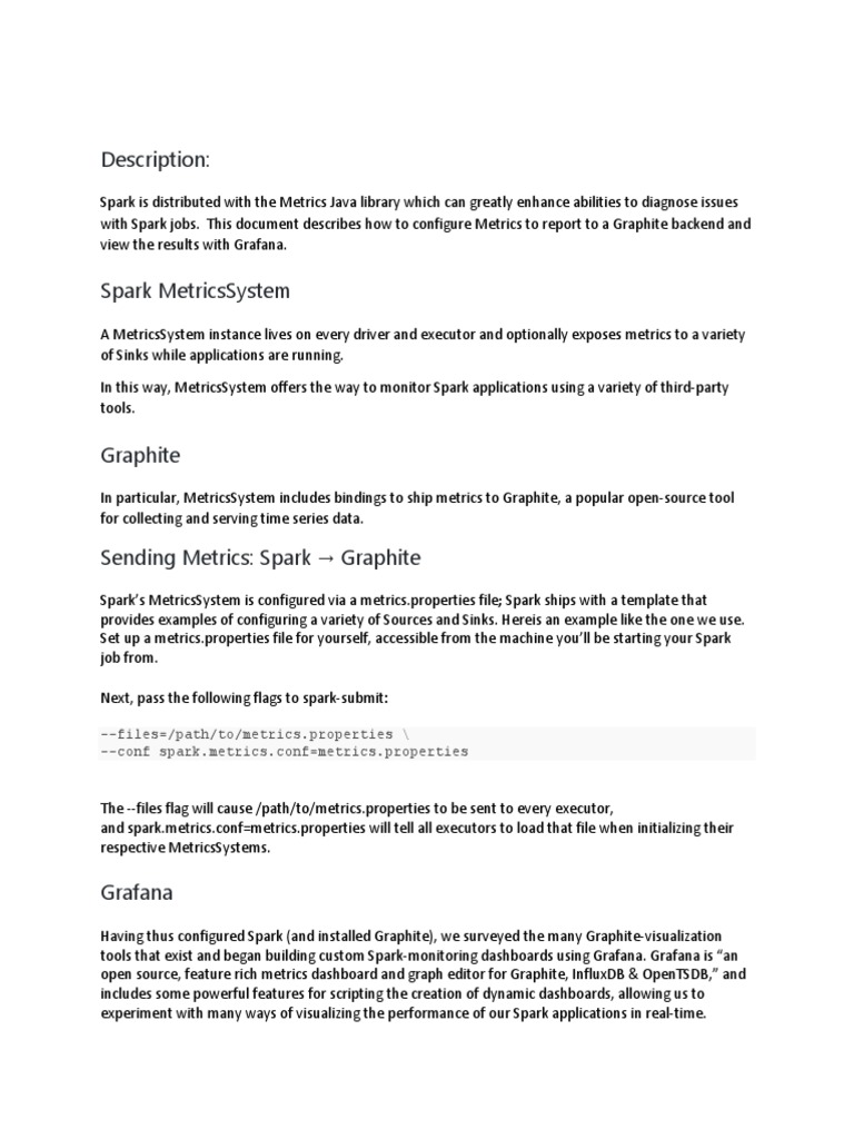 Visualizing Spark Job Metrics with Graphite and Grafana | PDF | Apache Spark | Sudo
