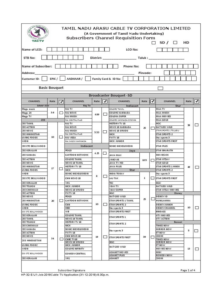 Subscribers Channel Requisition Form Tamil Nadu Arasu Cable TV ...