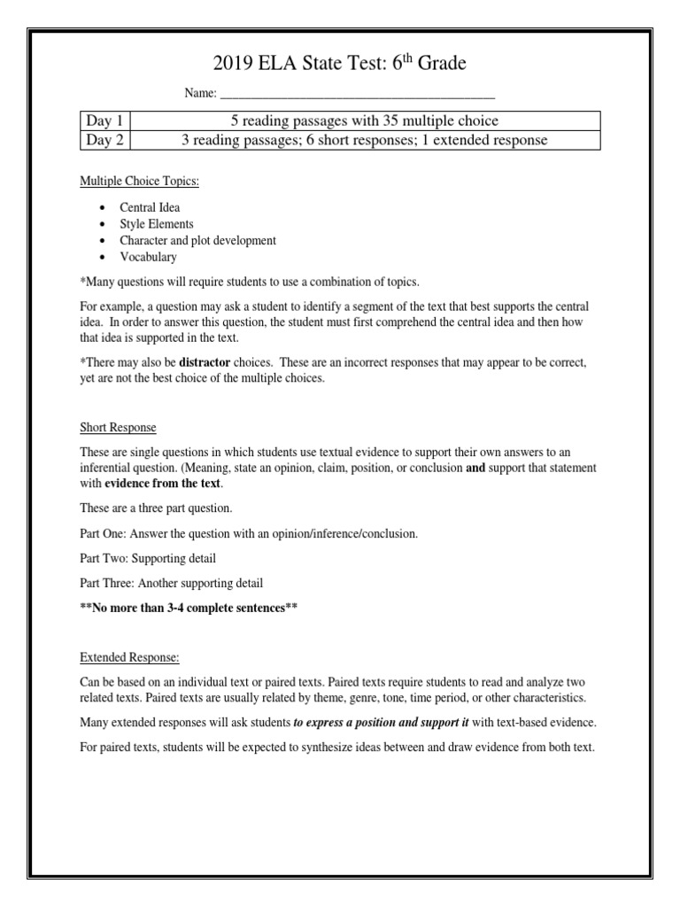 2019 Ela State Test Outline | PDF | Question | Multiple Choice