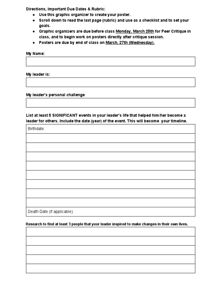 Rubric and Graphic Organizer For Breaking Barriers Poster Assignment ...