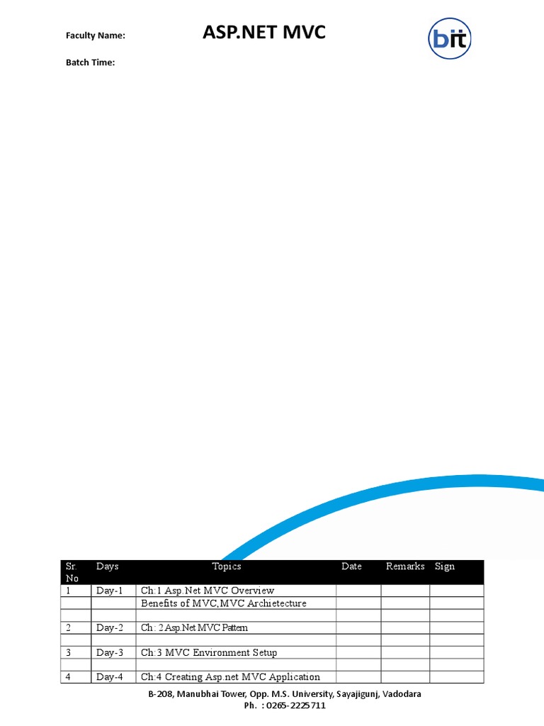 Detailed Curriculum for a 21 Day ASP.NET MVC Training Course | PDF | J Query | Model–View–Controller