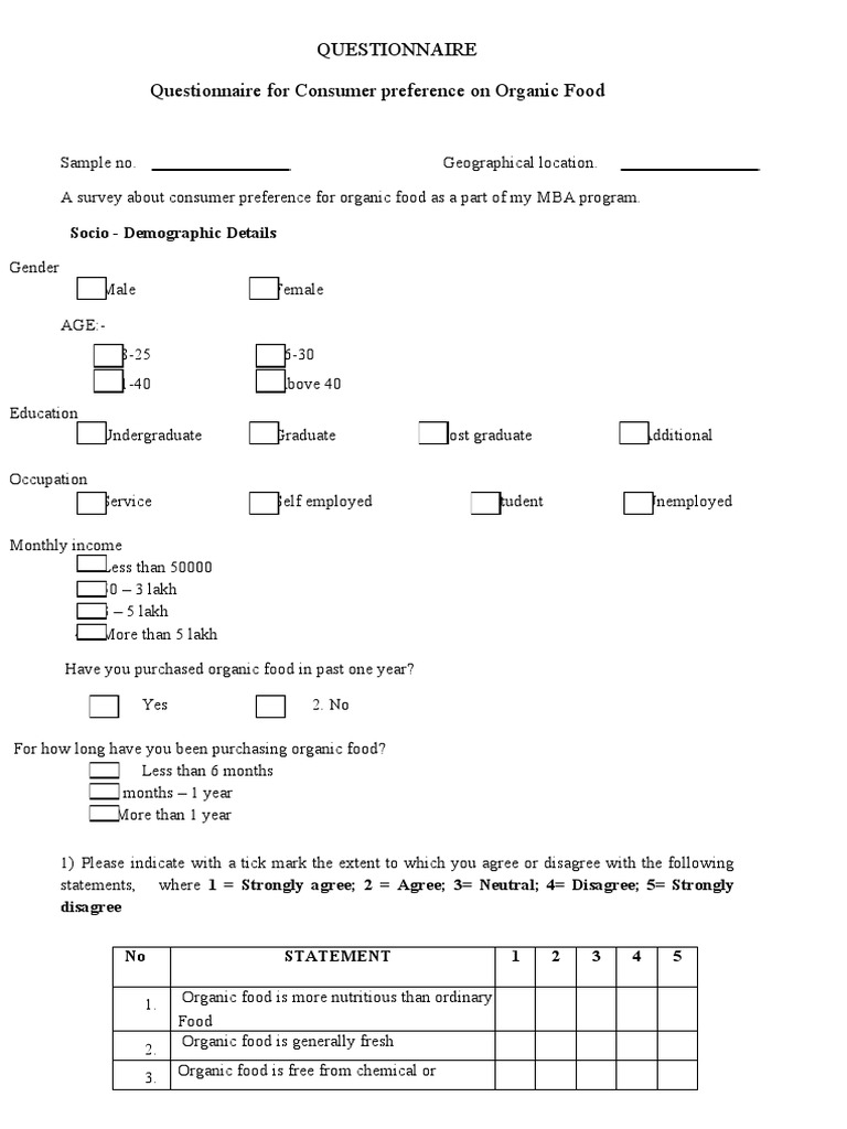 Questionnaire Questionnaire For Consumer Preference On Organic Food ...