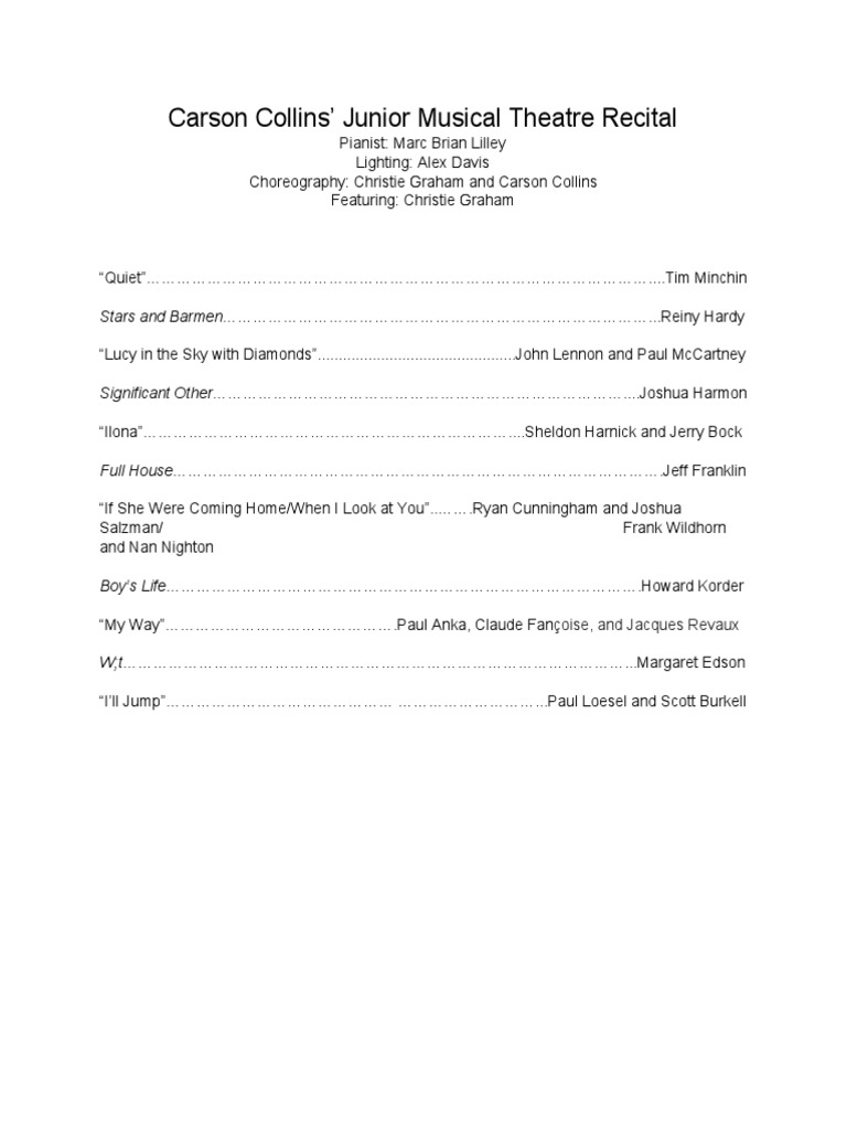 Carson Collins' Junior Musical Theatre Recital: Stars and Barmen | PDF