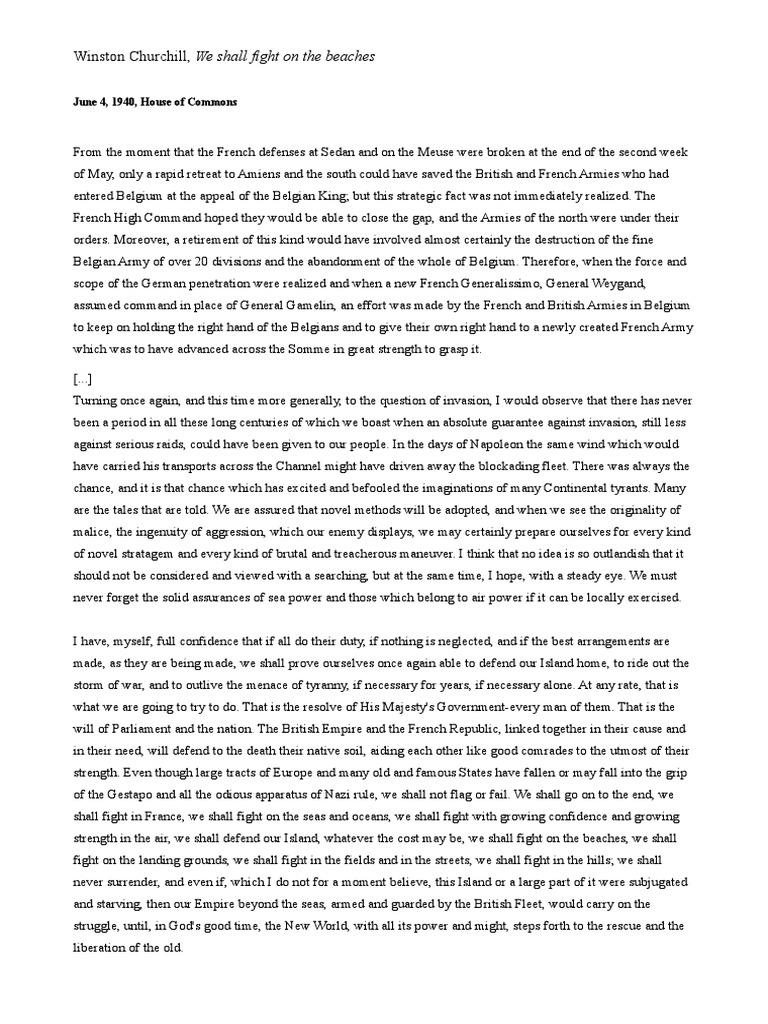 Winston Churchill, We Shall Fight On The Beaches: June 4, 1940, House ...