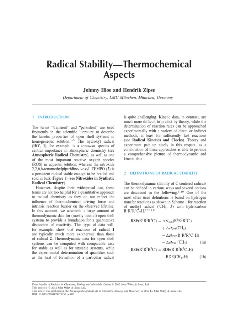 Radical Stability-Thermochemical Aspects: Johnny Hioe and Hendrik Zipse ...