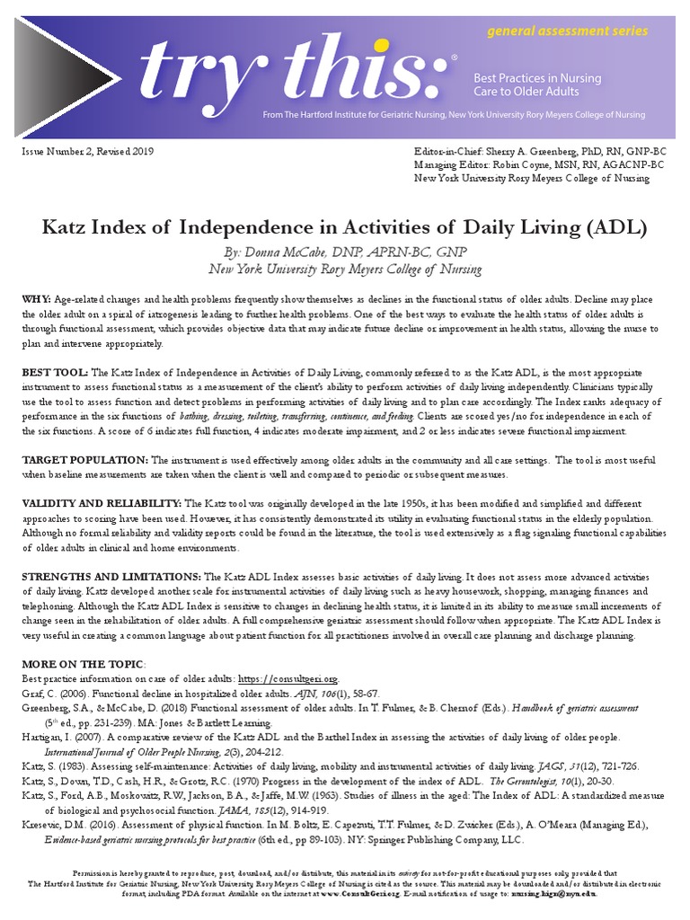 Katz Index of Independence in Activities of Daily Living (ADL) | PDF ...