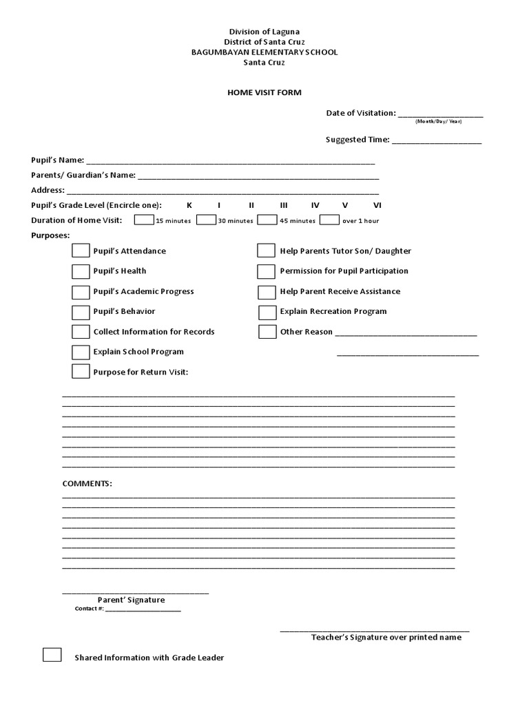 Home Visit Form: 15 Minutes 30 Minutes 45 Minutes Over 1 Hour | PDF ...