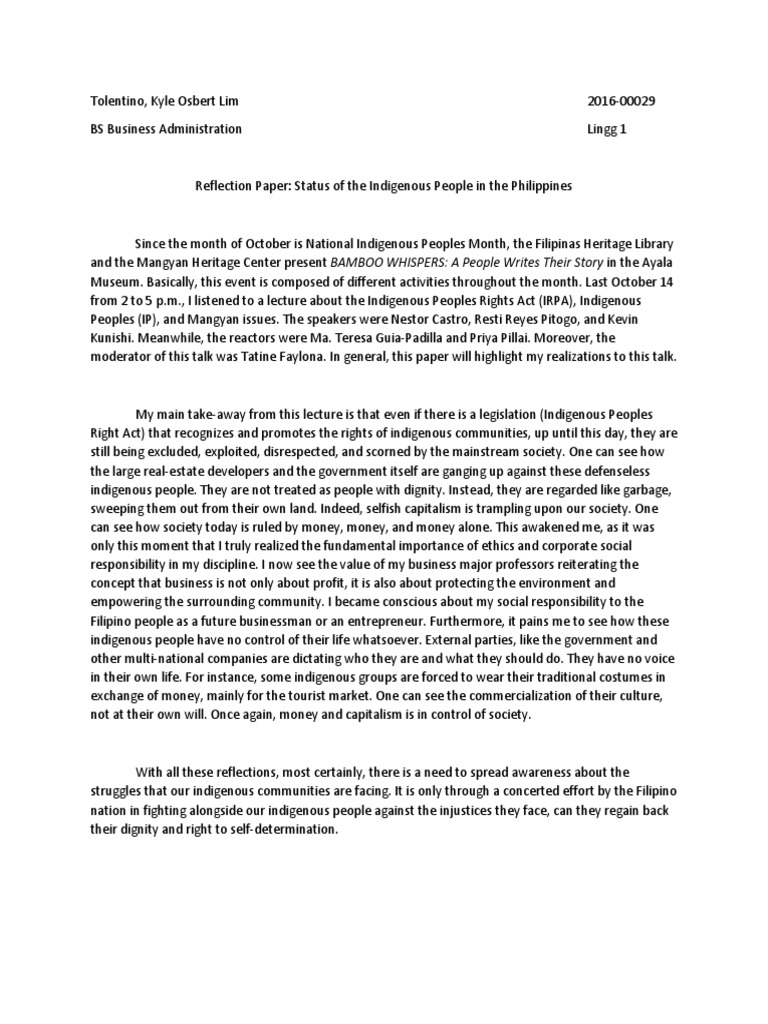 Lingg 1 Reflection Paper Status On Indigenous People | PDF | Indigenous ...