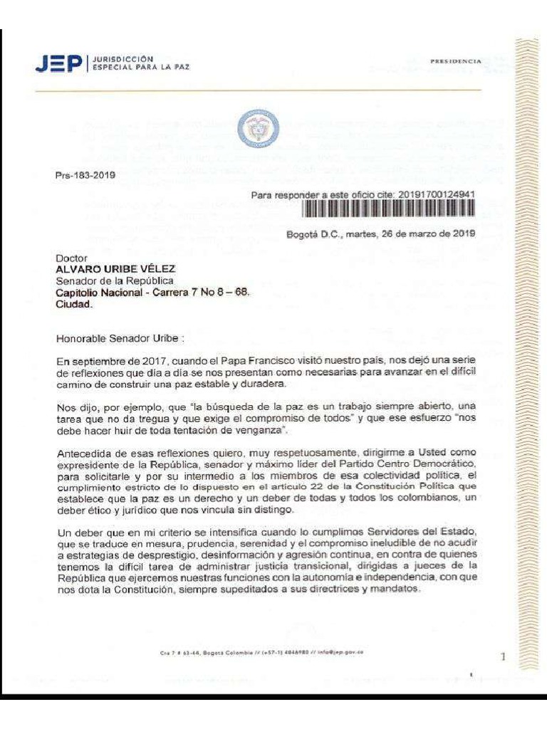 Carta de Presidenta de La JEP A Expresidente y Senador Álvaro Uribe | PDF