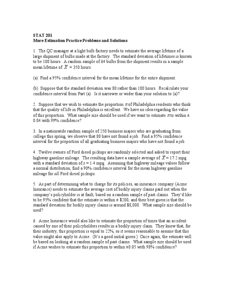 STAT 201 More Estimation Practice Problems and Solutions | PDF ...