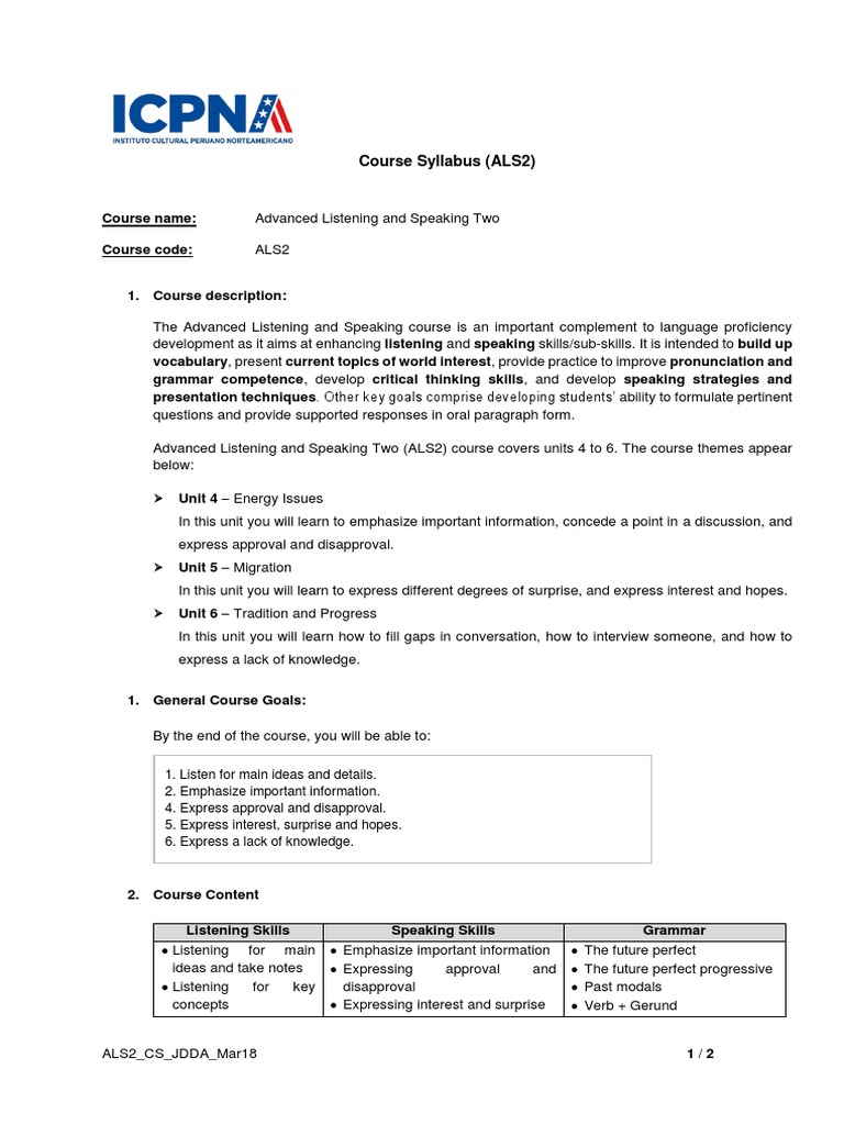 ALS2 Syllabus Students Reference | PDF | Vocabulary | Conversation