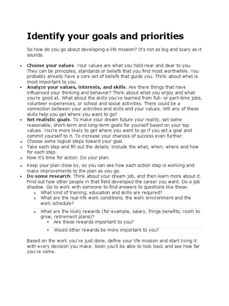 Identify Your Goals and Priorities: o o o o | PDF | Goal | Value (Ethics)