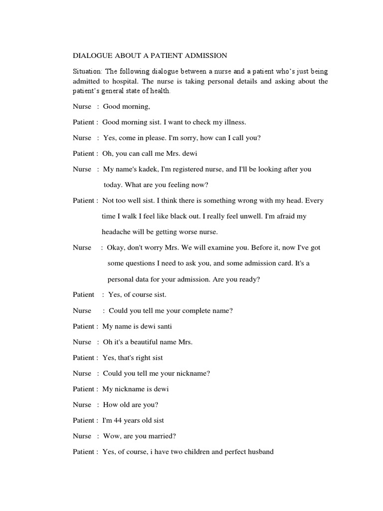 Dialogue About A Patient Admission | PDF | Nursing | Patient