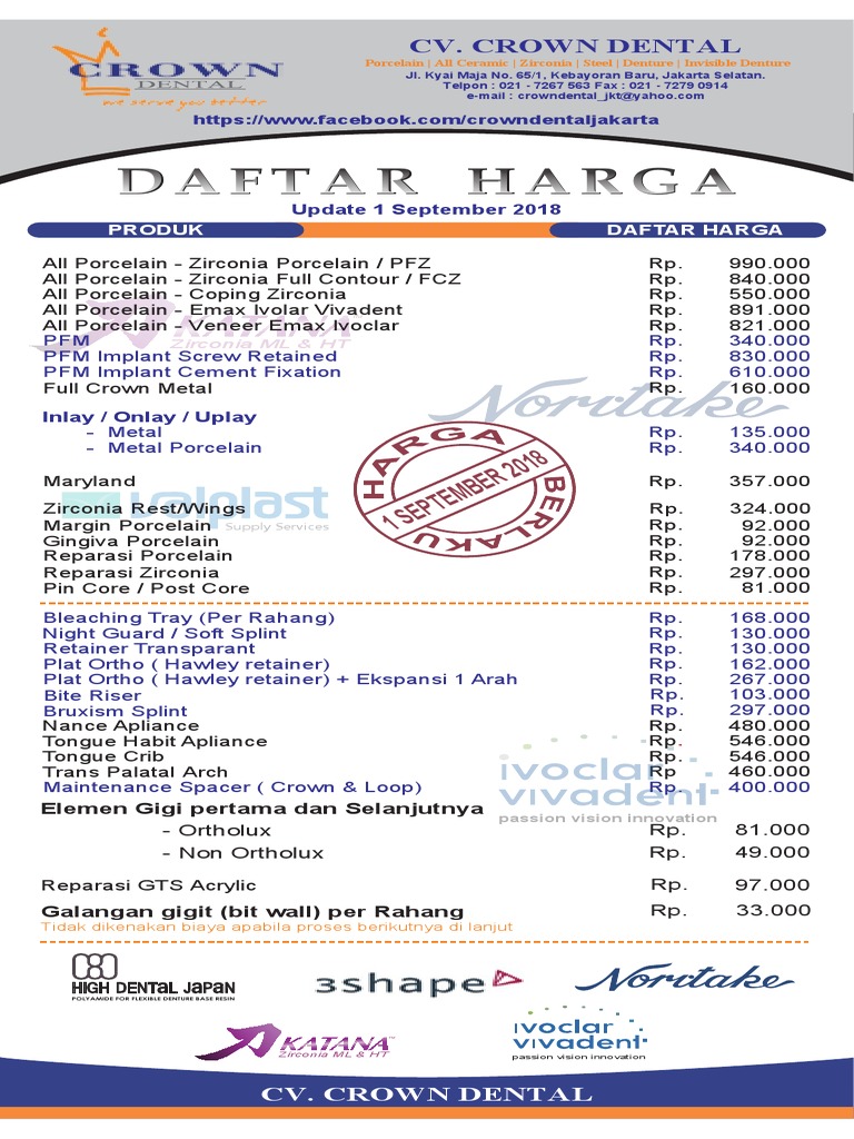 Price List Crown Dental Per 01 September 2018-1 PDF | PDF | Mouth ...
