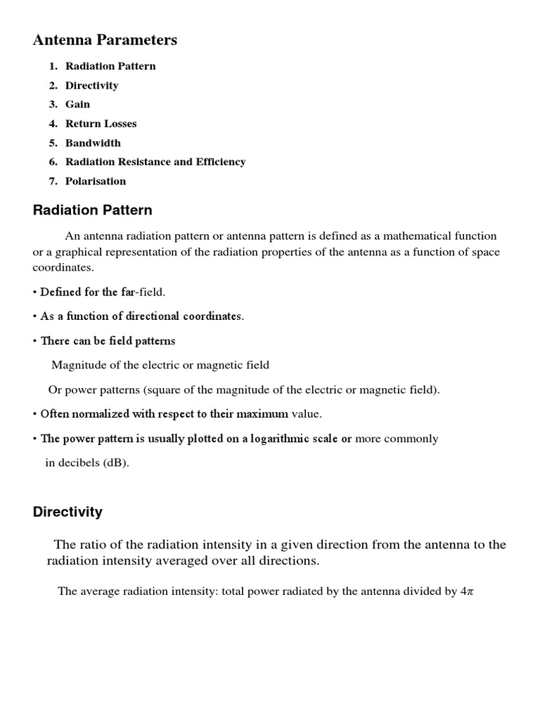 Antenna Parameters | PDF | Antenna (Radio) | Bandwidth (Signal Processing)
