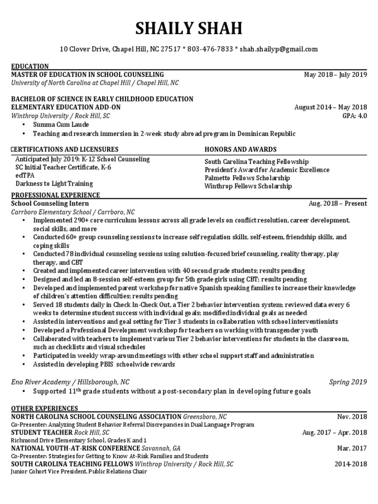 Counseling Resume | PDF | School Counselor | University Of North ...