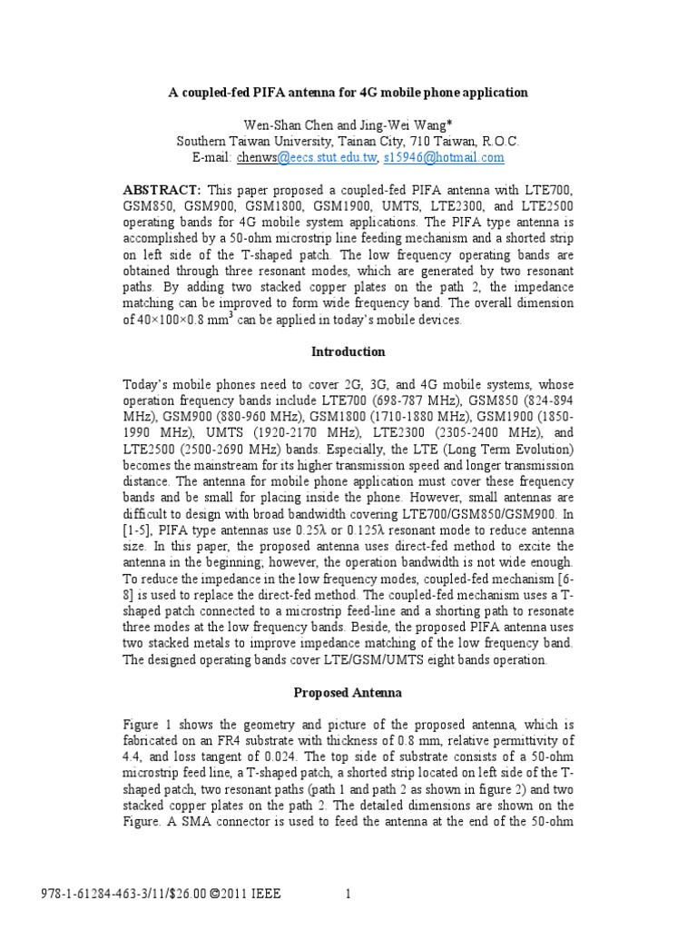 A Coupled-Fed PIFA Antenna For 4G Mobile Phone Application: @eecs ...