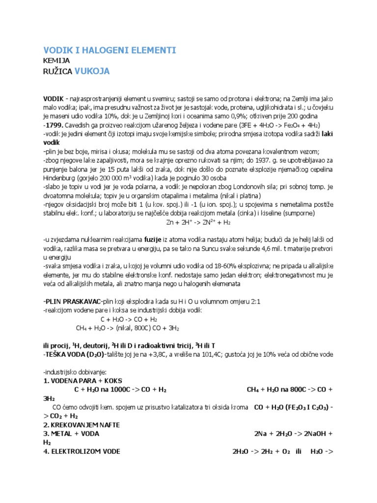 KEMIJA Vodik - Halogeni Elementi | PDF