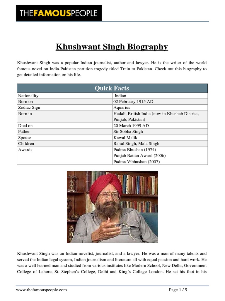 Khushwant Singh Biography: Quick Facts | PDF | Newspaper And Magazine