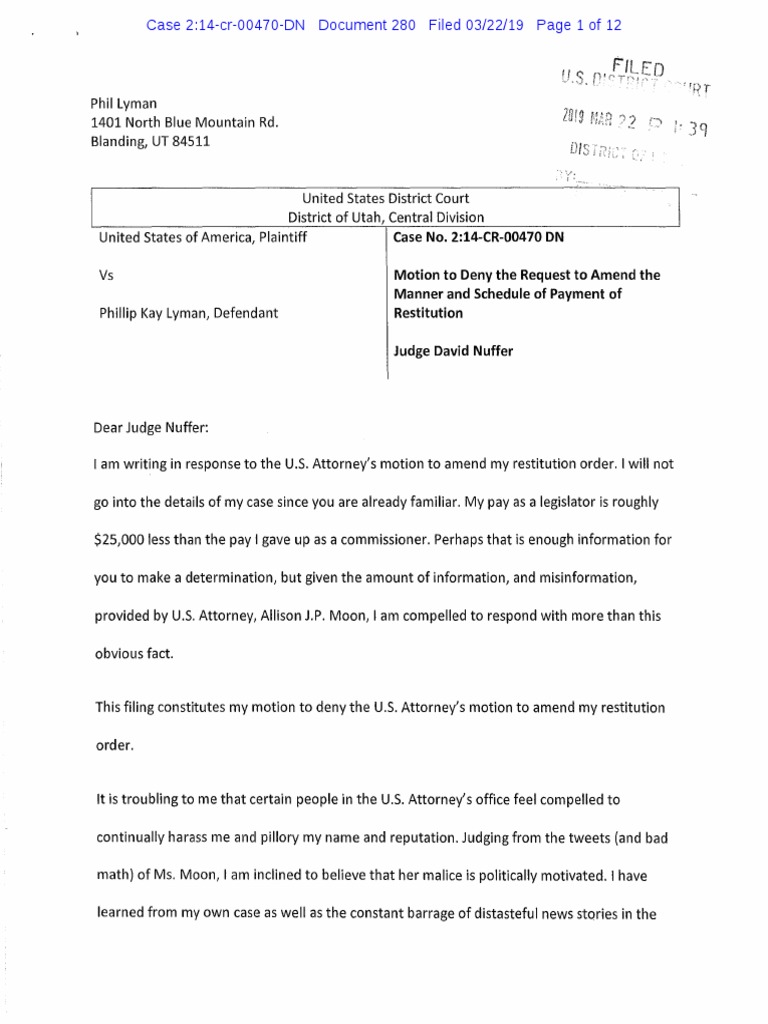 Rep. Phil Lyman Letter To Judge Nuffer | PDF | Defamation | United ...