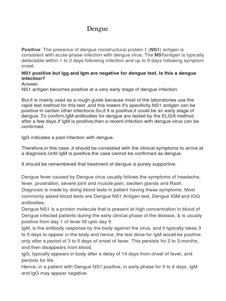 Dengue: Positive: The Presence of Dengue Nonstructural Protein 1 (NS1 ...