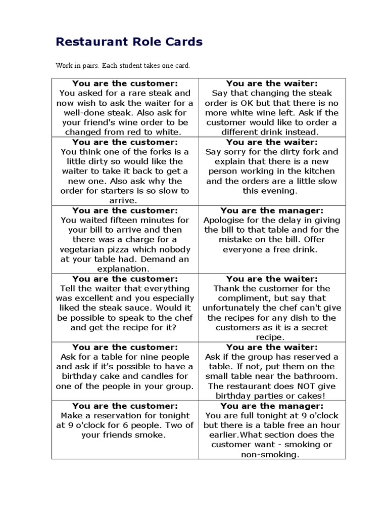 Restaurant Role Cards | PDF | Waiting Staff | Restaurants
