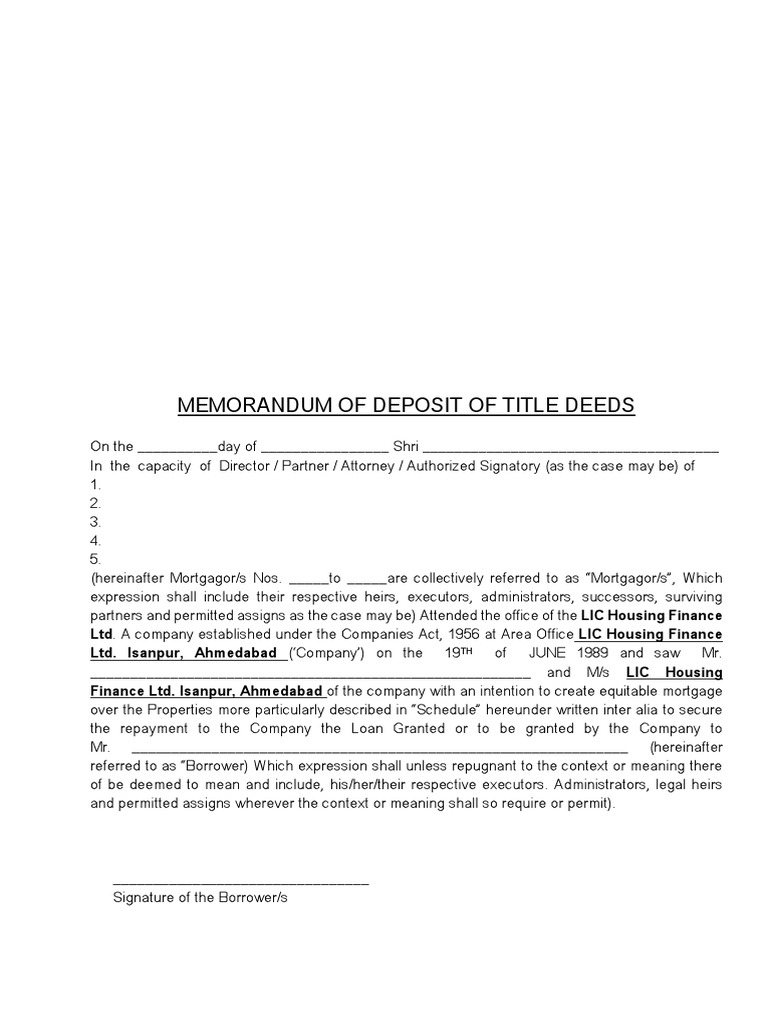Memorandum of Deposit of Title Deeds | PDF | Mortgage Law | Loans
