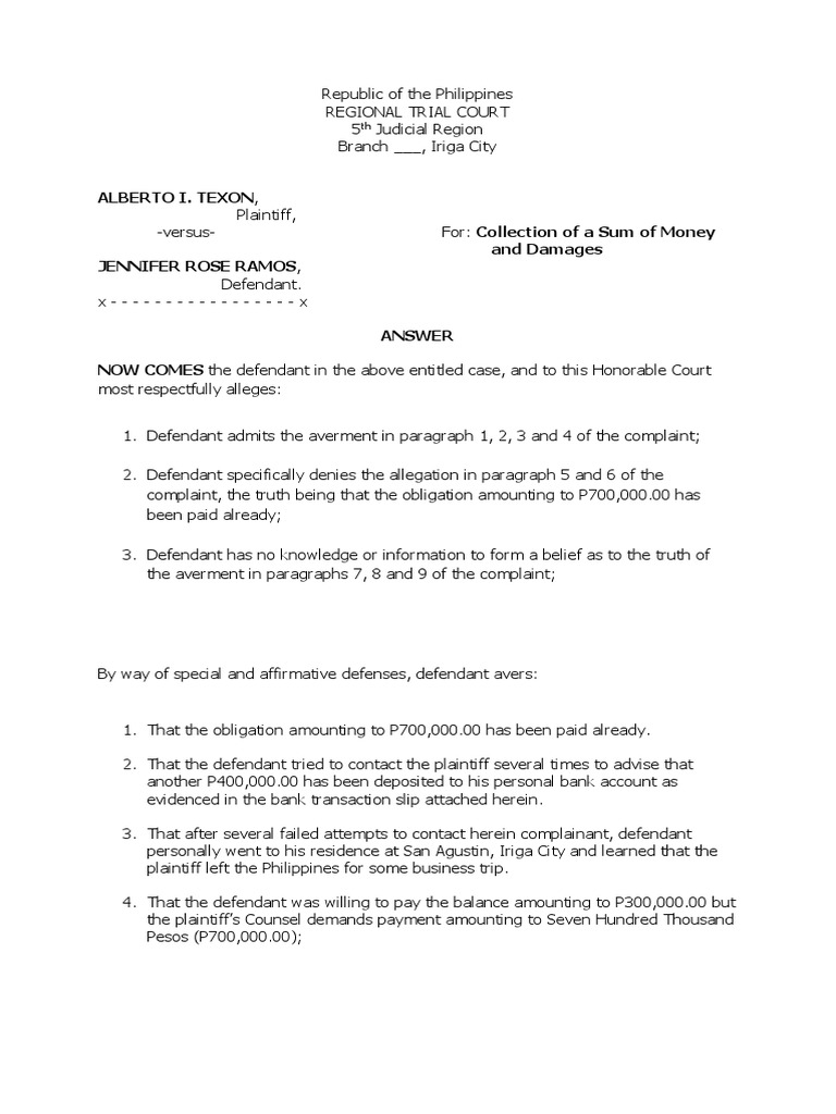 Defendant's Answer and Compulsory Counterclaim in a Debt Collection Case | PDF | Lawsuit ...