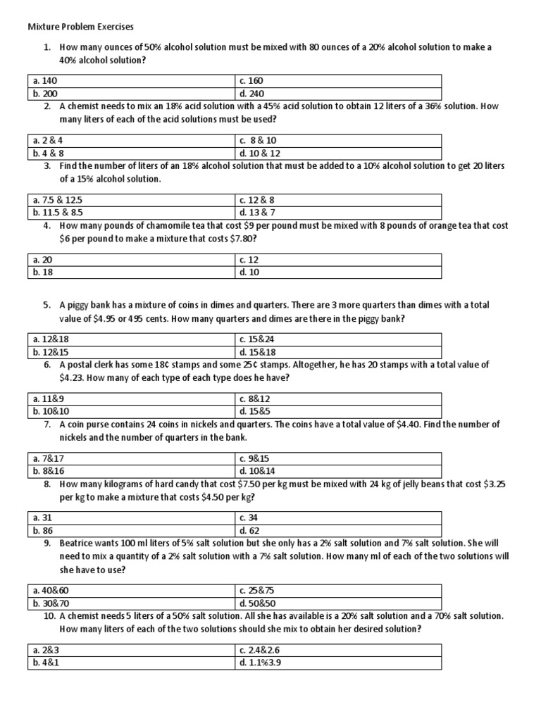Mixture Problem Exercises | PDF | Kilogram | Coins